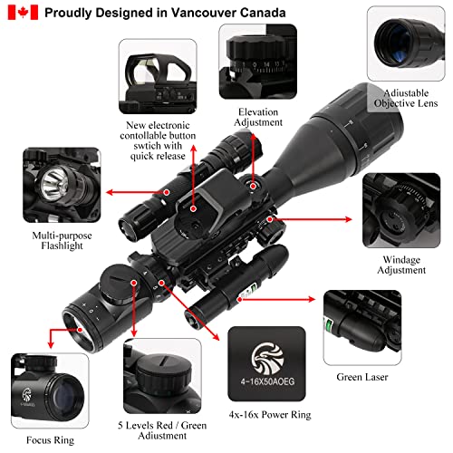 Fetch Falcon 4-16x50 AOEG Rifle Scope Combo(Fifth Generation Green Lig